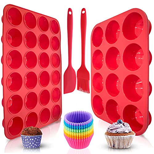 Muffin Pans Nonstick 12 Large and 24 Mini Cups Silicone with Cupcake Liners Brush Spatula Set Reusable Baking Molds for Toaster Oven (Red-12 Cups+24 Cups)