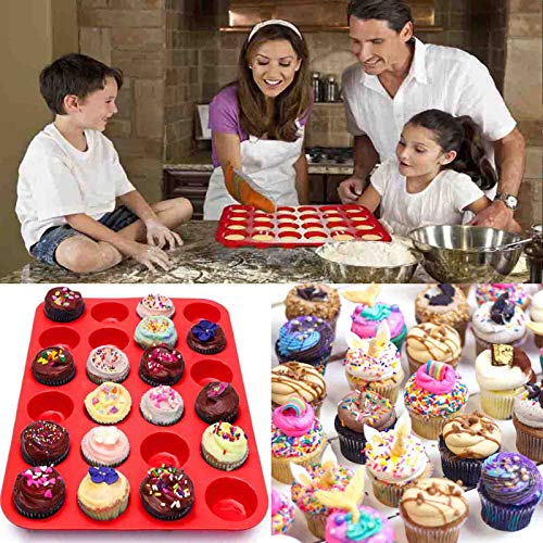 Muffin Pans Nonstick 12 Large and 24 Mini Cups Silicone with Cupcake Liners Brush Spatula Set Reusable Baking Molds for Toaster Oven (Red-12 Cups+24 Cups)