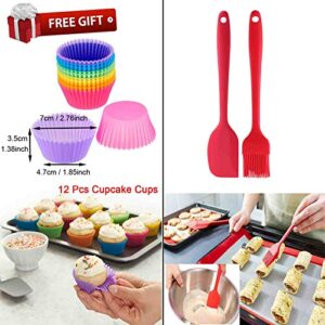 Muffin Pans Nonstick 12 Large and 24 Mini Cups Silicone with Cupcake Liners Brush Spatula Set Reusable Baking Molds for Toaster Oven (Red-12 Cups+24 Cups)