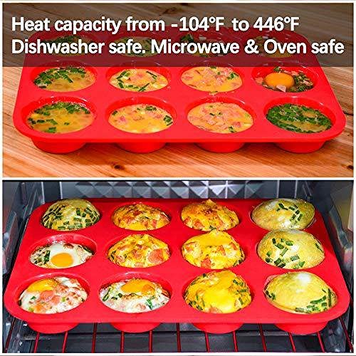 Muffin Pans Nonstick 12 Large and 24 Mini Cups Silicone with Cupcake Liners Brush Spatula Set Reusable Baking Molds for Toaster Oven (Red-12 Cups+24 Cups)