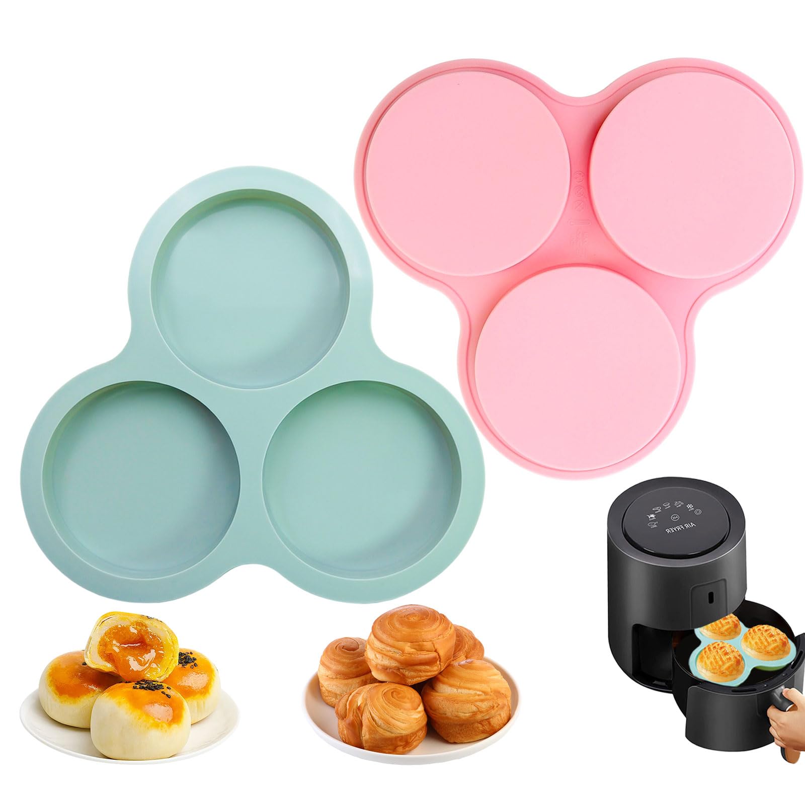 Dexspoeny Muffin Top Pans for Baking Hamburger Bun Pan, 2PCS Silicone Muffin Molds Muffin Pan Fryer Egg Mold Reusable 3 Cavity Silicone Muffin Pans for Baking 6 Cup Non-Stick Baking Pan