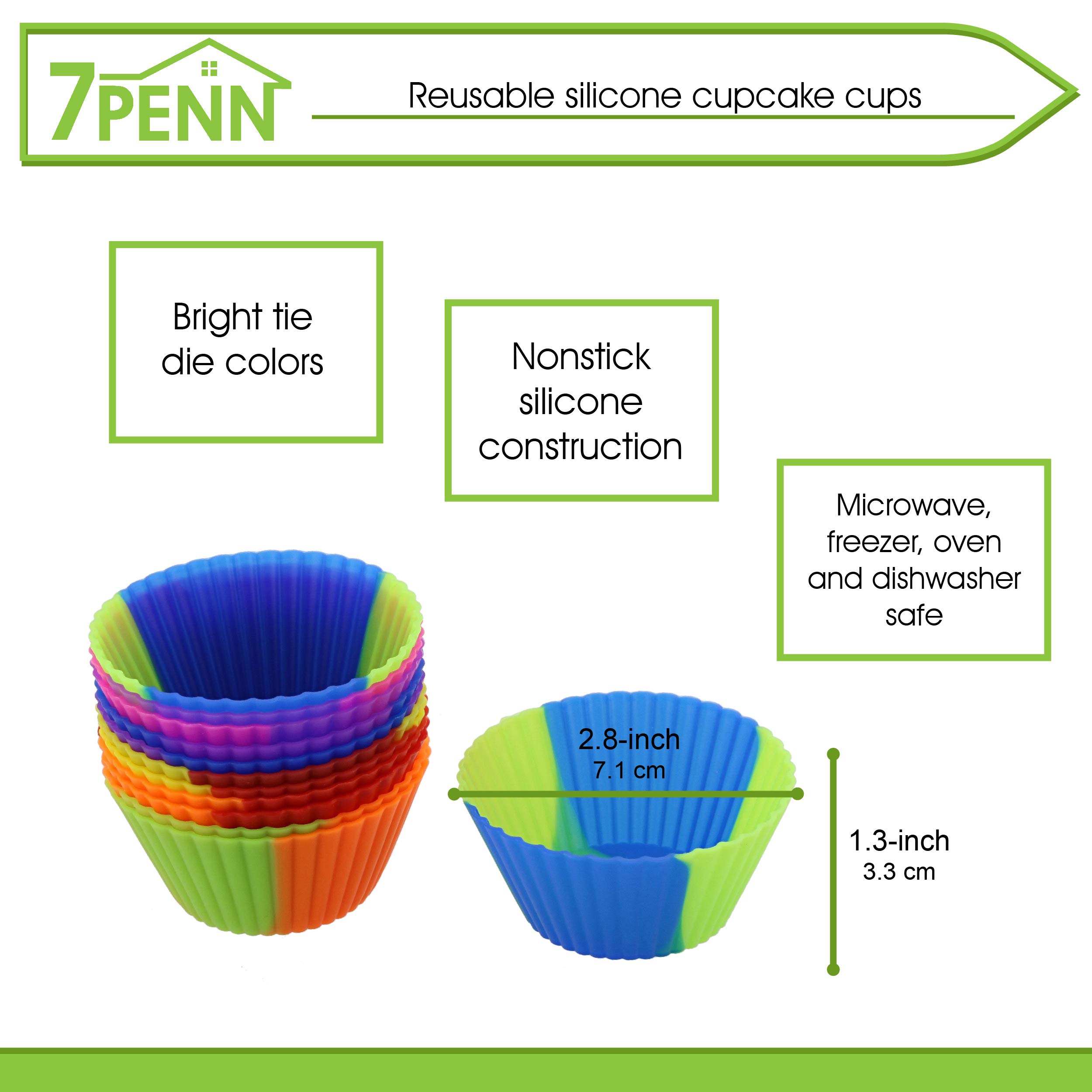 7Penn Silicone Cupcake Baking Cups Reusable Muffin Liners Molds for Standard Size Tin - Tie Dye Rainbow Colors Set of 12