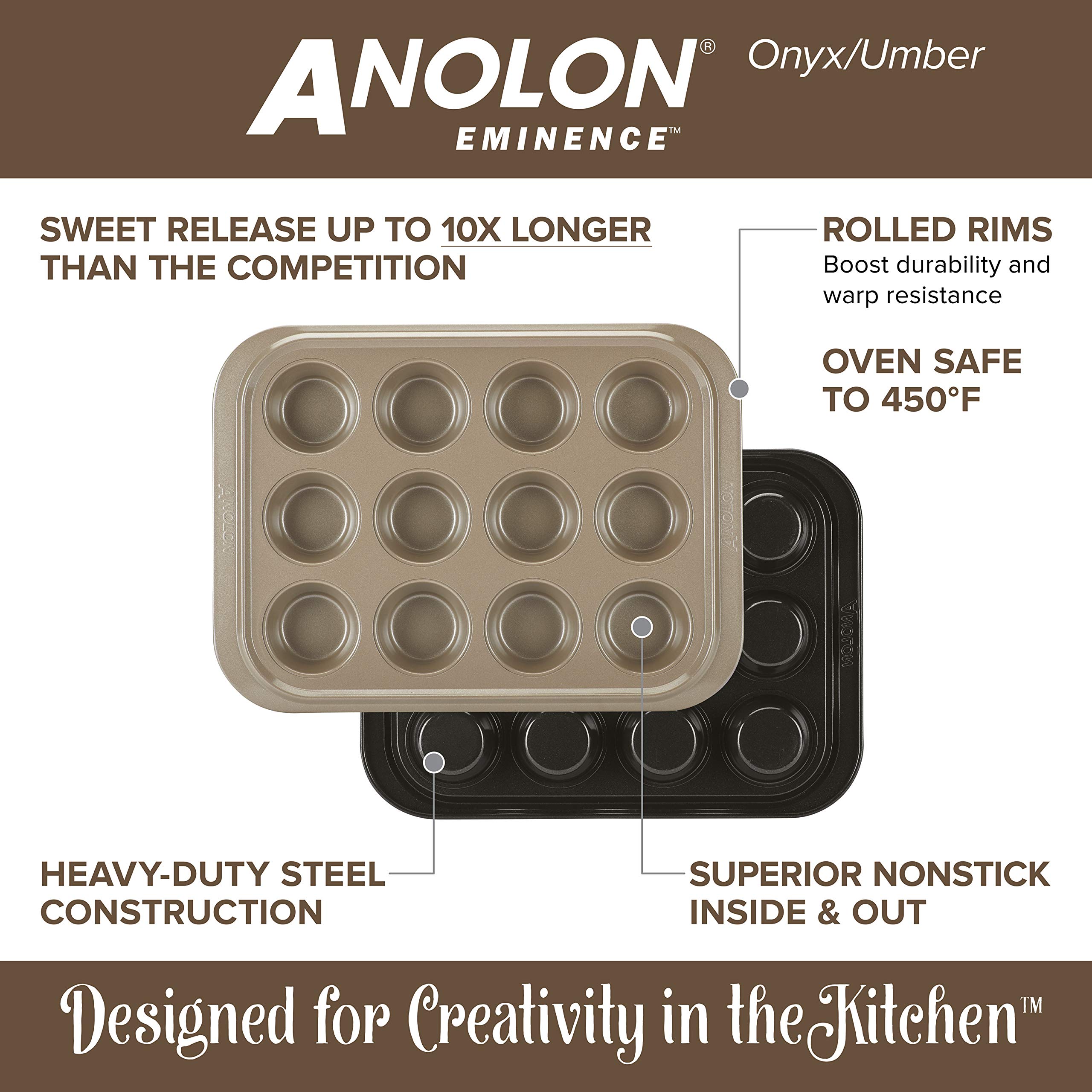 Anolon 12-Cup Steel Muffin Pan, Onyx/Umber