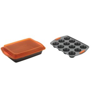 rachael ray nonstick bakeware, rectangle - 9 inch x 13 inch, gray & yum -o nonstick bakeware 12-cup muffin tin with grips / nonstick 12-cup cupcake tin with grips - 12 cup, gray