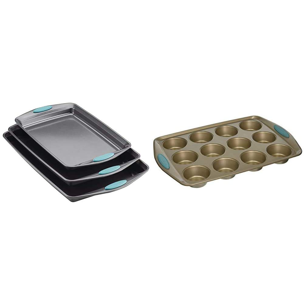 Rachael Ray Bakeware Nonstick Cookie Pan Set, 3-Piece, Gray with Agave Blue Grips & Ray Cucina Nonstick 12-Cup Muffin Tin With Grips/Nonstick 12-Cup Cupcake Tin With Grips - 12 Cup, Brown