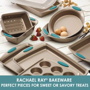 Rachael Ray Bakeware Nonstick Cookie Pan Set, 3-Piece, Gray with Agave Blue Grips & Ray Cucina Nonstick 12-Cup Muffin Tin With Grips/Nonstick 12-Cup Cupcake Tin With Grips - 12 Cup, Brown