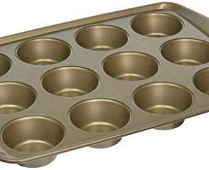 Rachael Ray Bakeware Nonstick Cookie Pan Set, 3-Piece, Gray with Agave Blue Grips & Ray Cucina Nonstick 12-Cup Muffin Tin With Grips/Nonstick 12-Cup Cupcake Tin With Grips - 12 Cup, Brown