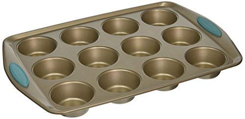 Rachael Ray Bakeware Nonstick Cookie Pan Set, 3-Piece, Gray with Agave Blue Grips & Ray Cucina Nonstick 12-Cup Muffin Tin With Grips/Nonstick 12-Cup Cupcake Tin With Grips - 12 Cup, Brown