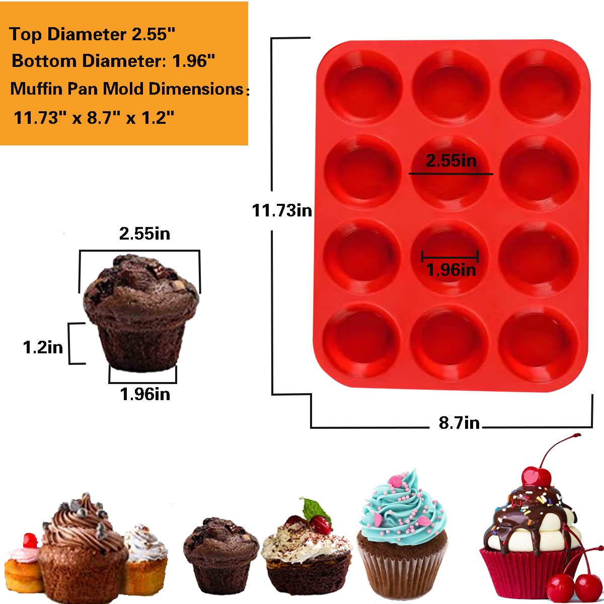 HLCM muffin pan, silicone muffin mold reusable, cupcake pans 12 regular size, perfect for muffins, cupcakes, cheesecakes, mini pancakes. (1PCS)