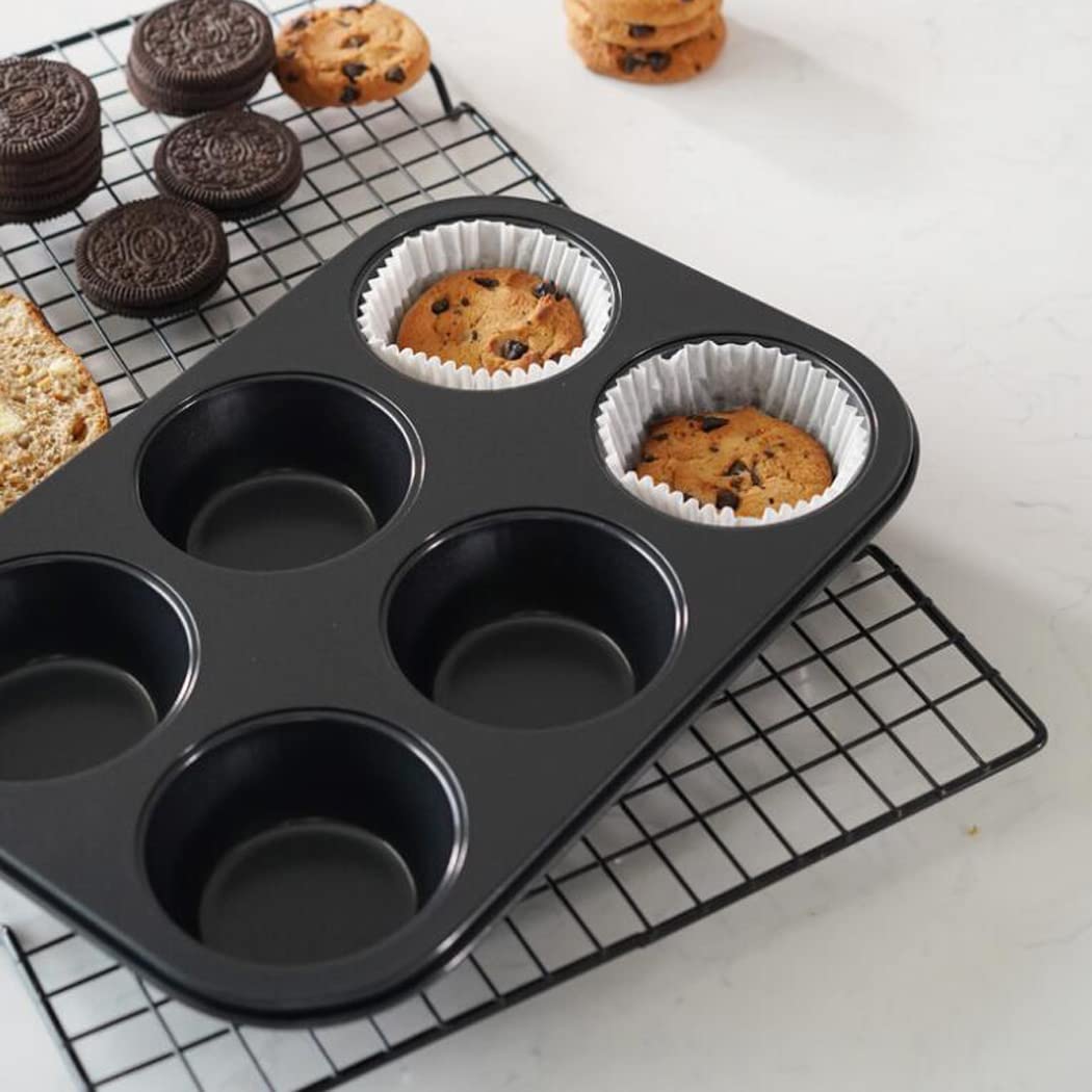 Hoshen Cake Pan, Oven 6 Cup Cake Muffin Cup Baking Pan, Carbon Steel Muffin Pan FDA Nonstick Coated Safe, Cake Pan Easy Clean (Black, 1 Piece)