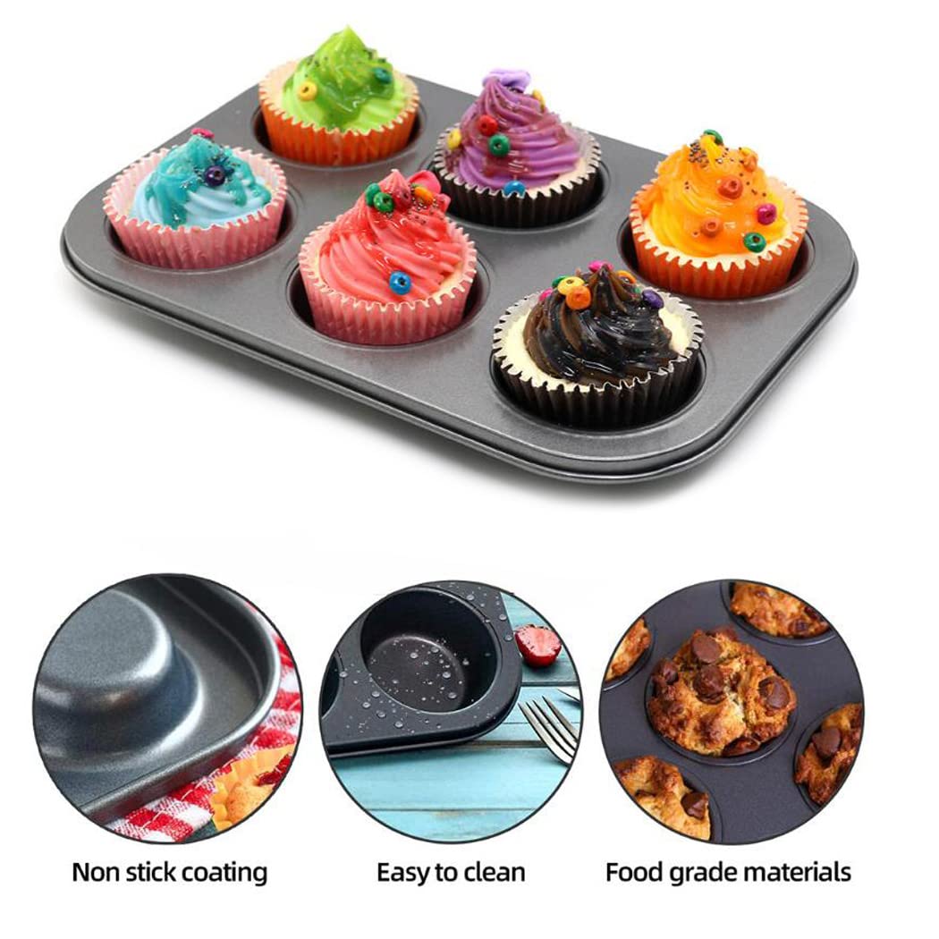 Hoshen Cake Pan, Oven 6 Cup Cake Muffin Cup Baking Pan, Carbon Steel Muffin Pan FDA Nonstick Coated Safe, Cake Pan Easy Clean (Black, 1 Piece)