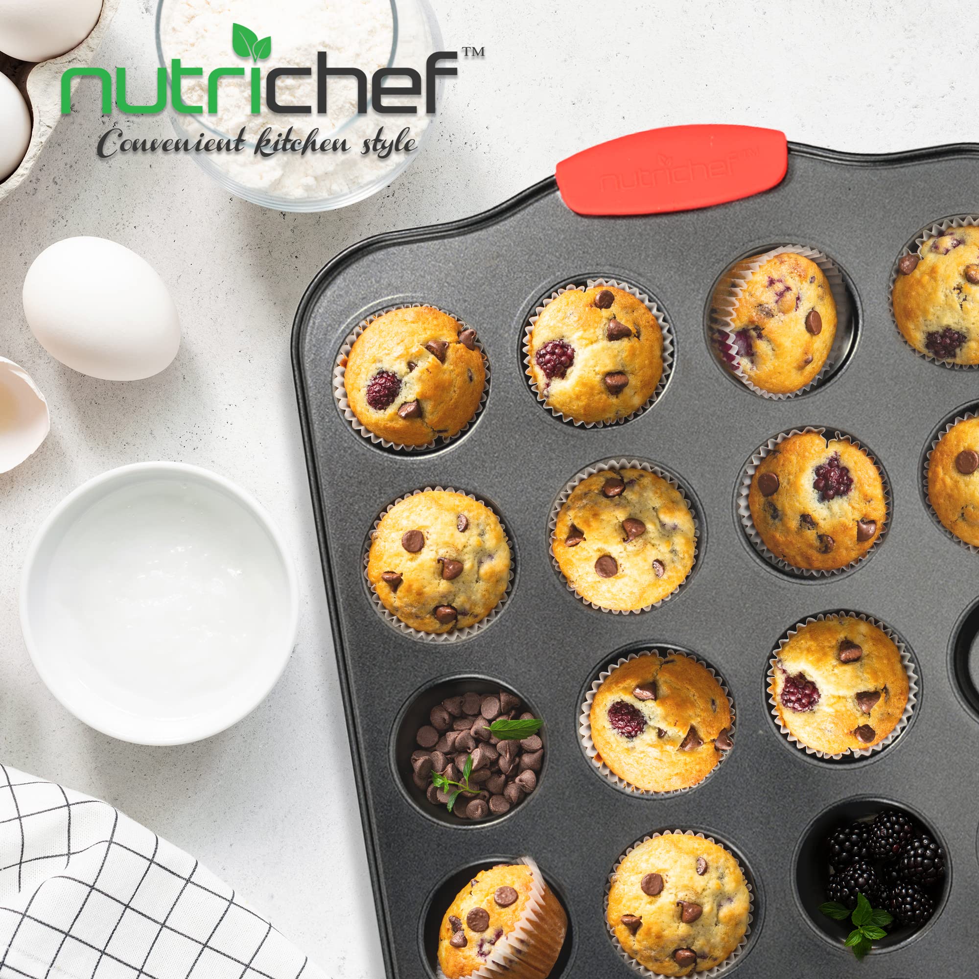 NutriChef 24 Cup Muffin Non Stick Baking Pan with Red Silicone Handles, Attractive Gray Carbon Steel Bake Pan, Commercial Grade Restaurant Quality Metal Bakeware