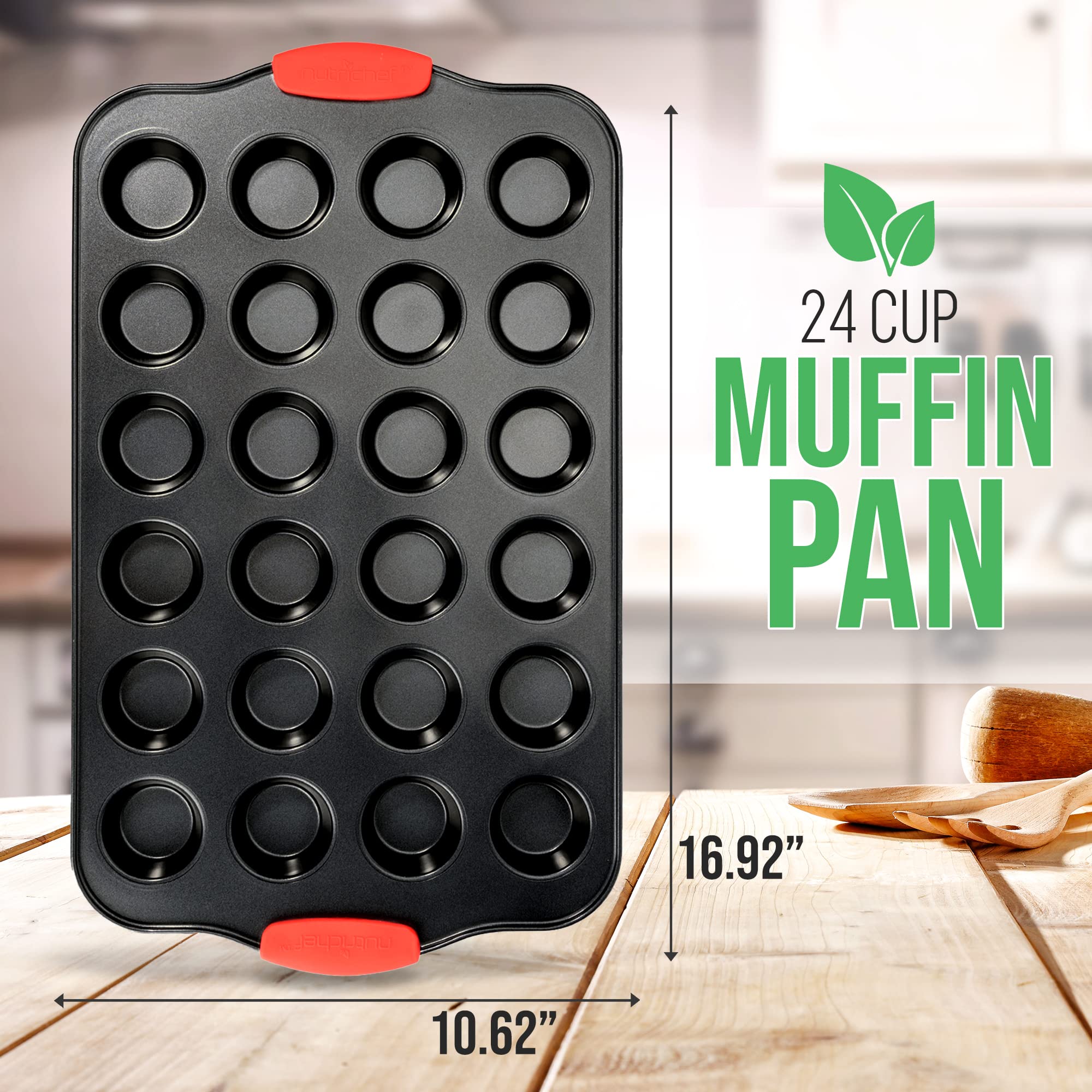 NutriChef 24 Cup Muffin Non Stick Baking Pan with Red Silicone Handles, Attractive Gray Carbon Steel Bake Pan, Commercial Grade Restaurant Quality Metal Bakeware