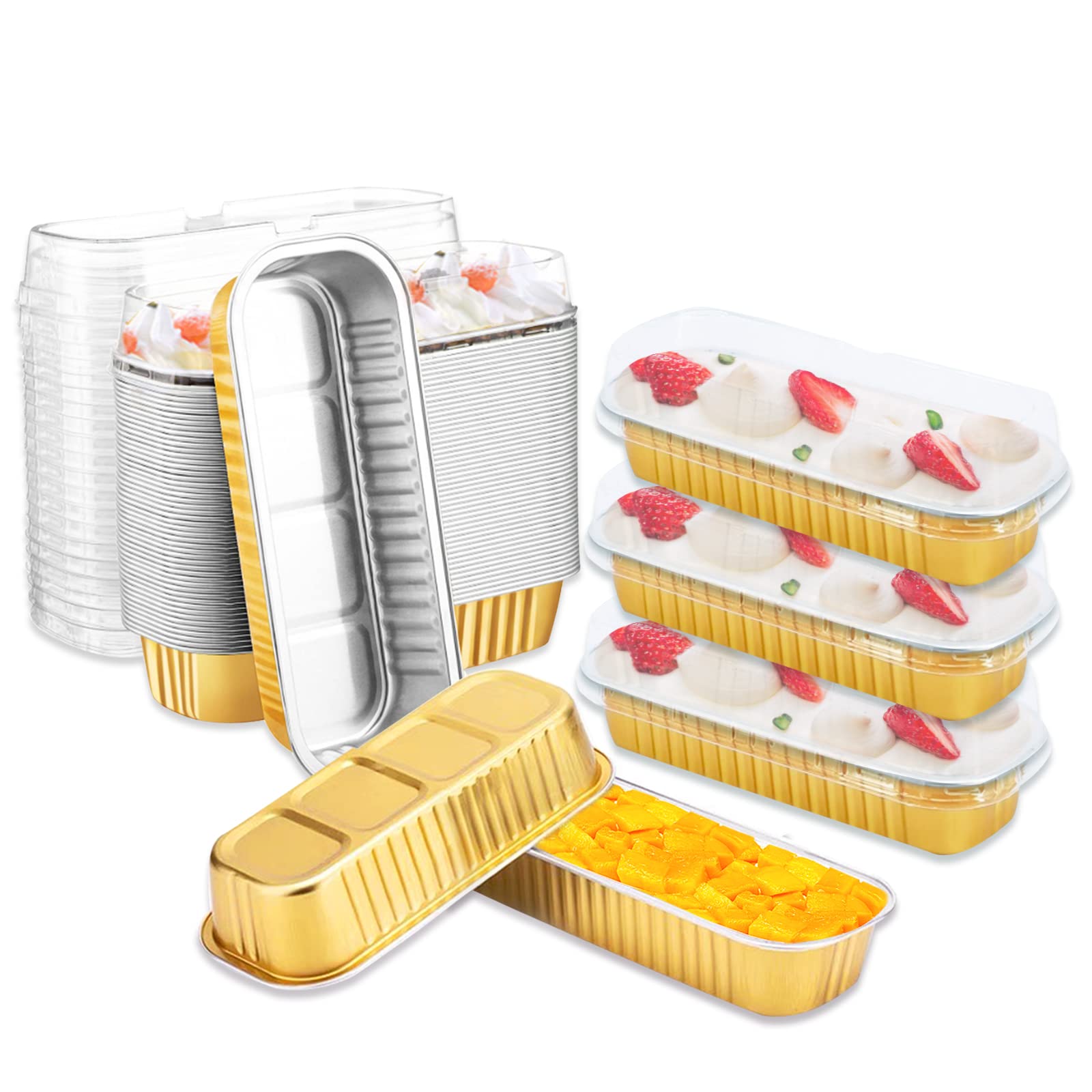 Adofect 60 Pack Aluminum Foil Mini Loaf Pans with Lids, 6.8oz Disposable Aluminum Baking Ramekins Pans With Lids, Gold Cupcake Baking Cups Ramekins Muffin Tins Brownie Pan