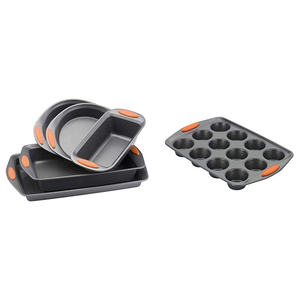 Rachael Ray Nonstick Bakeware Set with Grips - 5 Piece and 12 Cup Muffin Tin