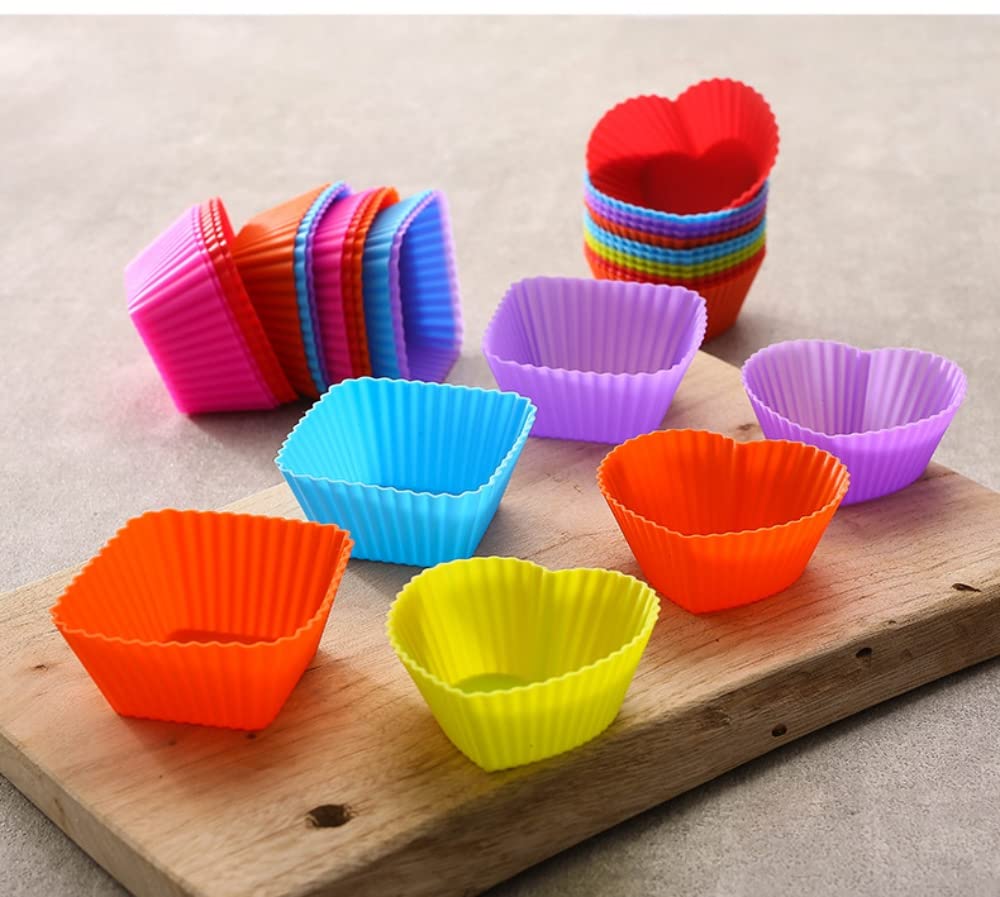 A-XINTONG Muffin Baking Cups Pack of 30 Reusable Square&Heart Shape Silicone Cupcake Molds 2.75x2.75x1.18 inch Mini Nonstick Cupcake Liners Truffle Chocolate Candy Molds Set DIY Cake Tools