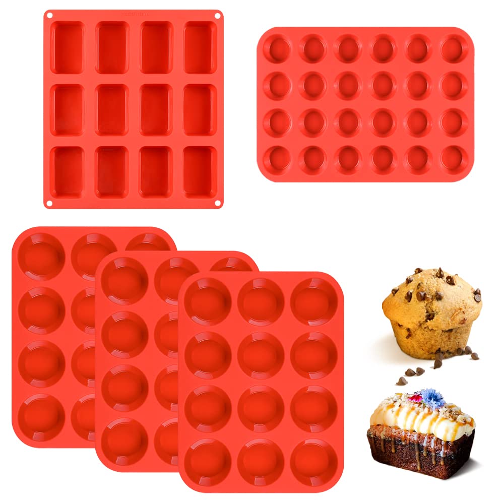 FUNBAKY Silicone Muffin Pan Including Mini 24 Cup, Regular 12 Cups Muffin Pan & 12 Cavities Mini Loaf Pan 100% Food Grade Silicone Molds, Non-Stick BPA Free Cupcake Pan Egg Bites