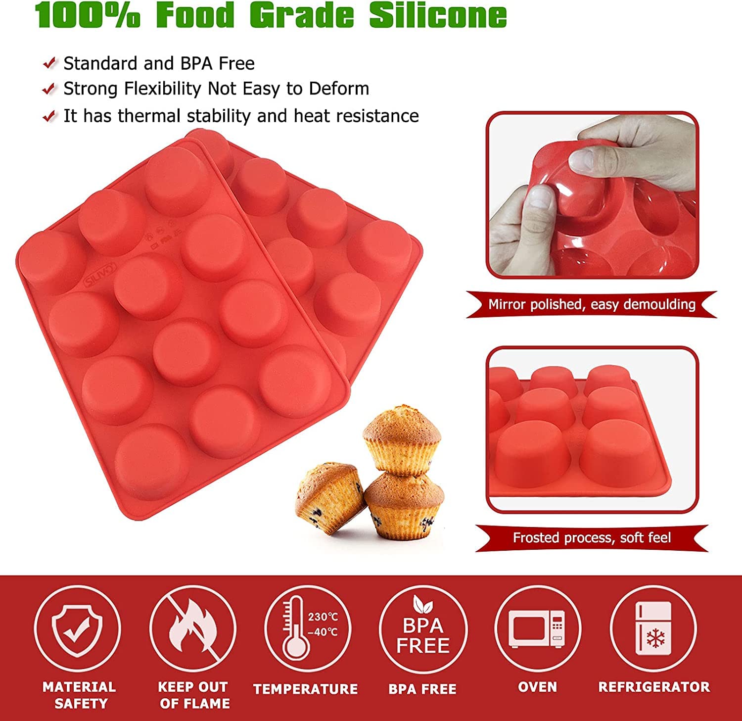 2 Set of Silicone Muffin Pan - Non Stick 12 Cups Food Grade Cupcake Pan, Great for Making Muffin Cakes, Tart, Bread -2 Pcs