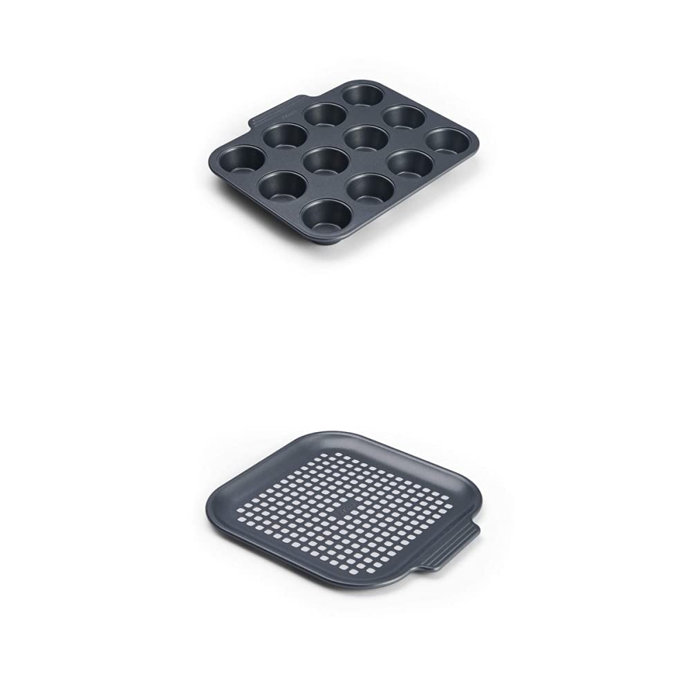 Instant Vortex Official Nonstick Mini Muffin Pan, Gray and Instant Vortex Official Nonstick Perforated Pizza Pan, Gray