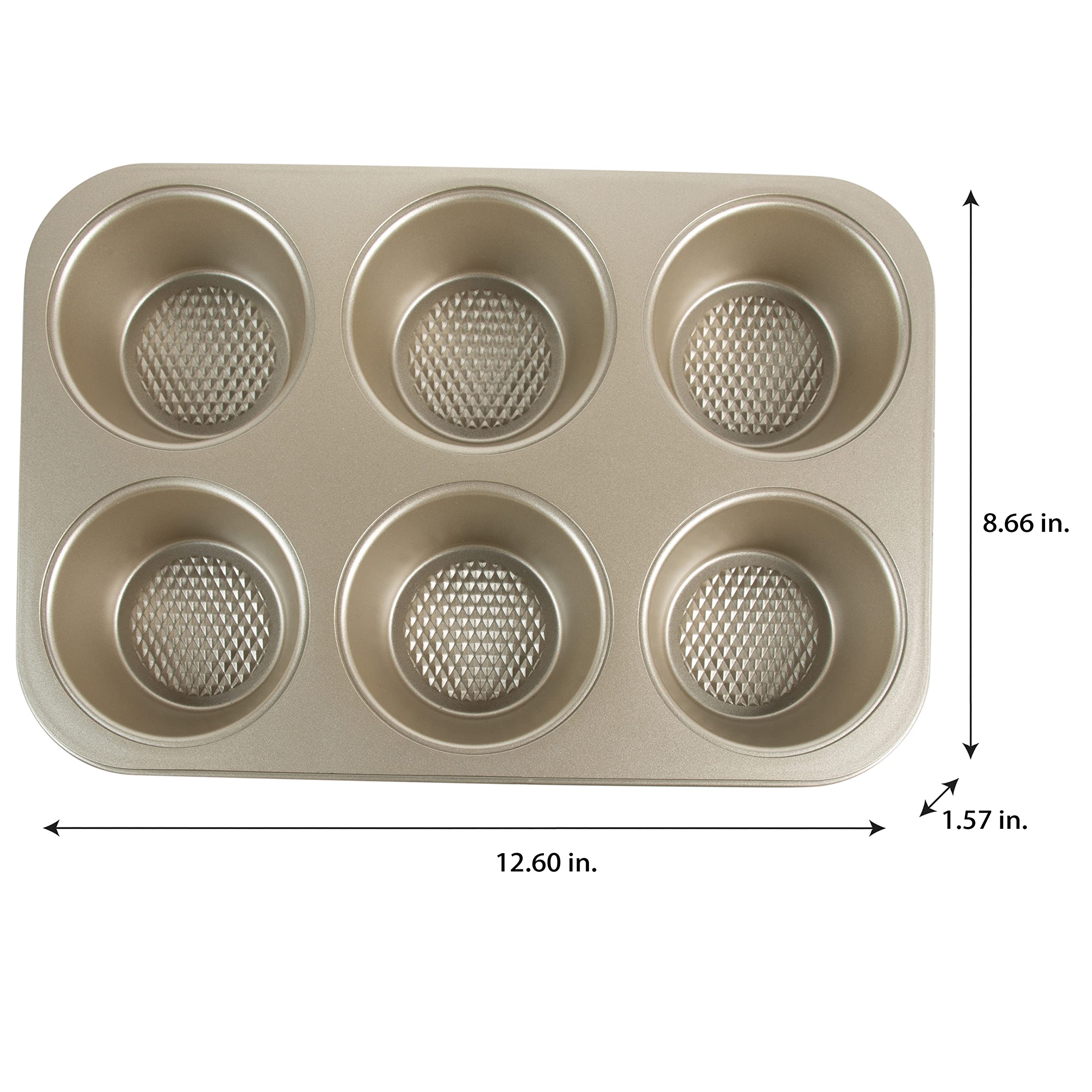 Kitchen Details Pro Series 6 Cup Muffin Pan with Diamond Base | Dimensions: 12.6” x 8.5” x 1.6” | Non-Stick | Kitchen Accessories | Durable | Easy to Clean | Gold