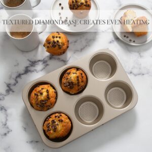 Kitchen Details Pro Series 6 Cup Muffin Pan with Diamond Base | Dimensions: 12.6” x 8.5” x 1.6” | Non-Stick | Kitchen Accessories | Durable | Easy to Clean | Gold