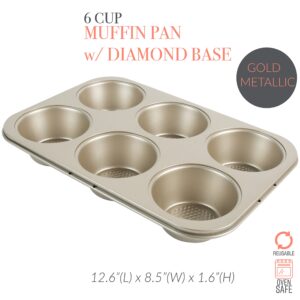 Kitchen Details Pro Series 6 Cup Muffin Pan with Diamond Base | Dimensions: 12.6” x 8.5” x 1.6” | Non-Stick | Kitchen Accessories | Durable | Easy to Clean | Gold