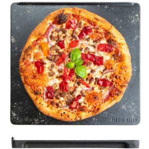 nerdchef speed steel - high performance pizza baking stone | integrated backstop & handles | heating fins (13.5" x 14.5" x .90" thick)