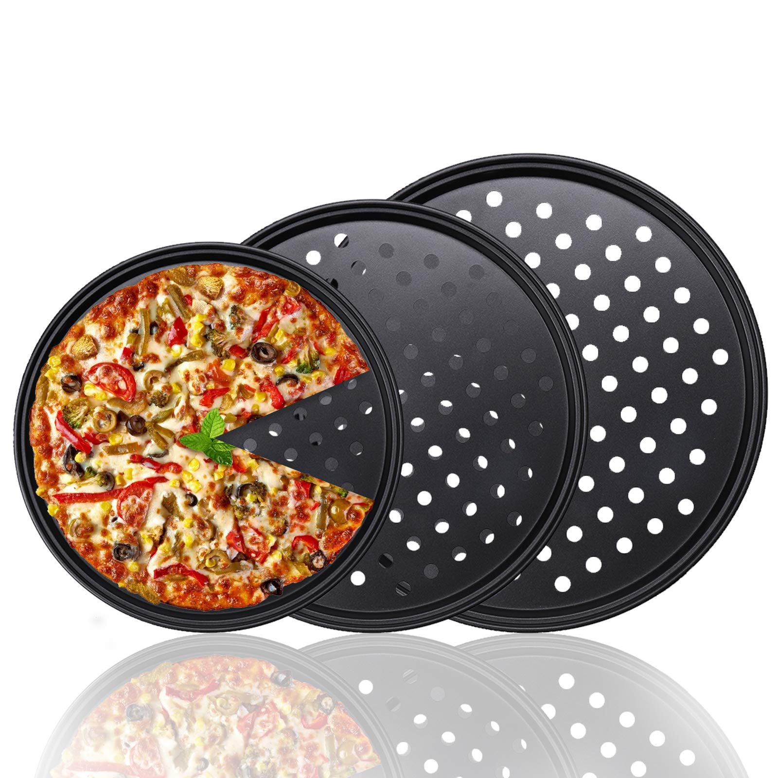 HomeMall 3 Pcs Pizza Crisper Trays, Pizza Pan with Holes for Oven, Non-Stick Perforated Pizza Baking Set for Home Restaurant Hotel Use, 9.6 Inch /11 Inch/12.6 Inch