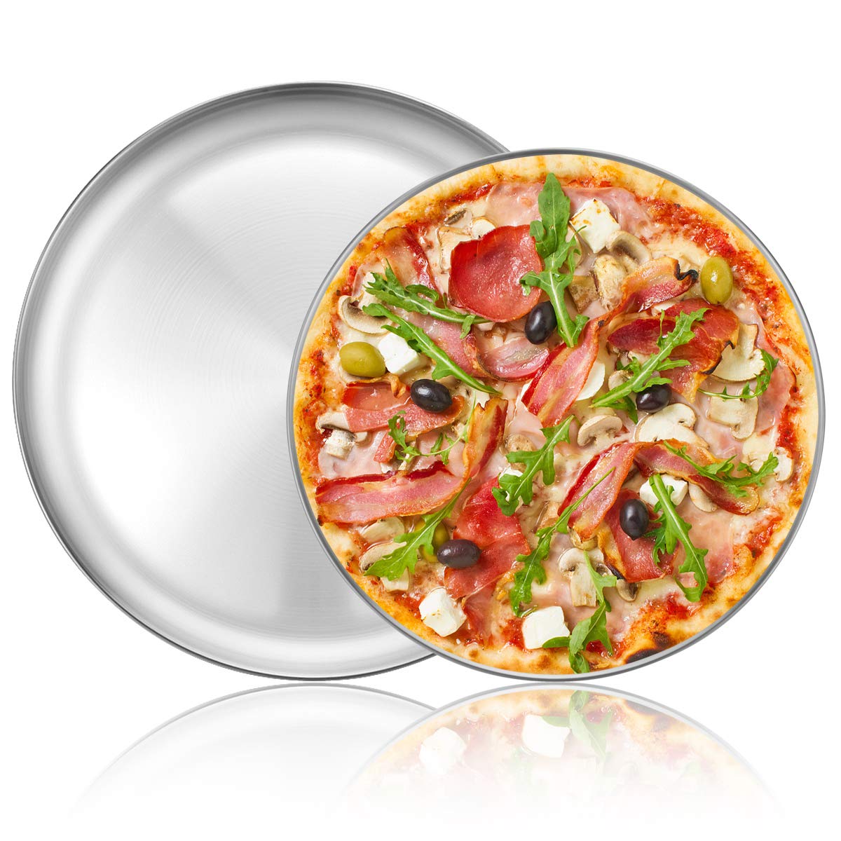 Deedro Pizza Baking Pan Pizza Tray - Stainless Steel Round Pizza Baking Sheet, Heavy Duty Pizza Crisper Pan for Oven, Dishwasher Safe Pizza Serving Tray, 12 inch & 13 inch, 2-Piece Set