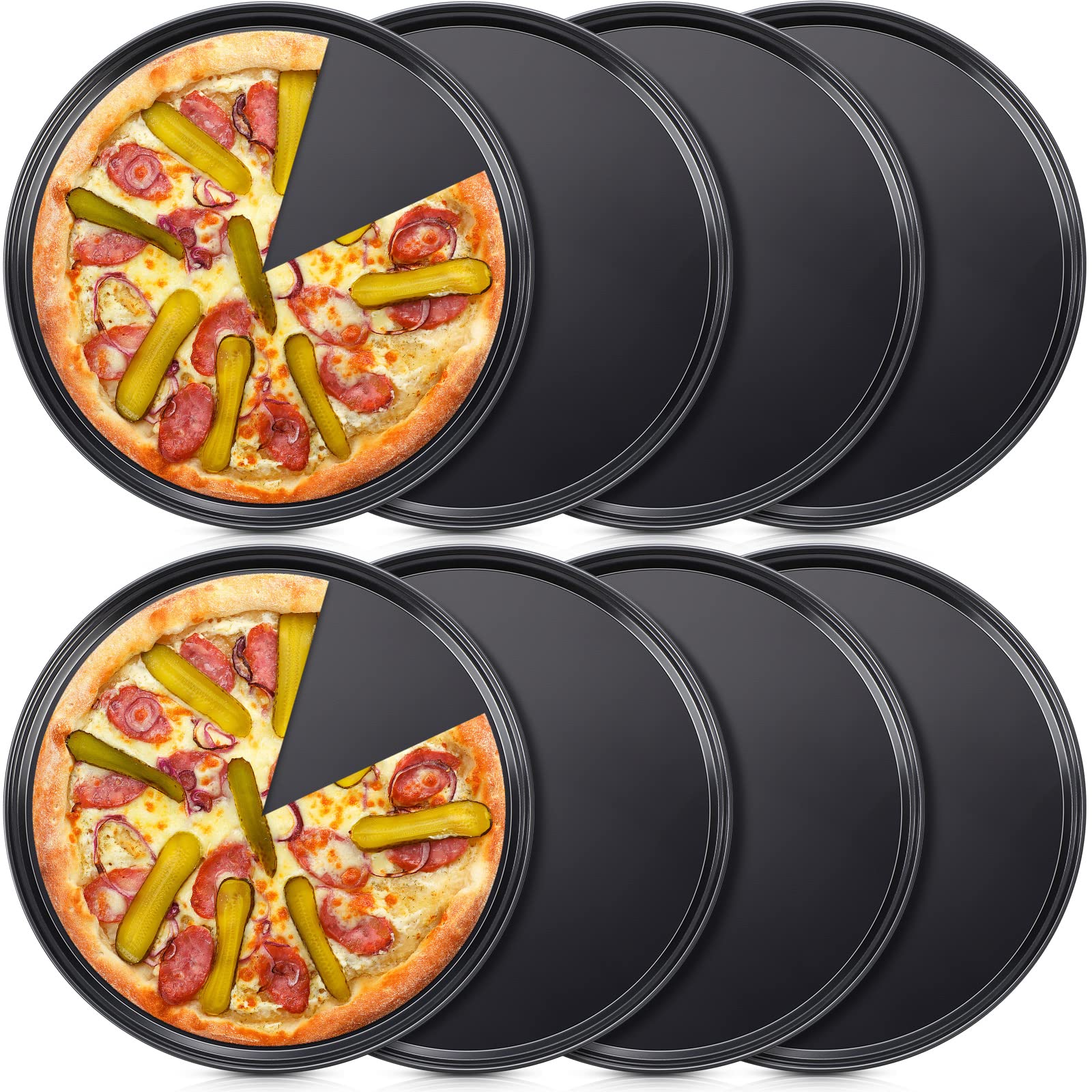 Meanplan 8 Pcs Non Stick Bakeware Pizza Pan Round Pizza Pan for Oven Carbon Steel Oven Pizza Tray Pie Pans Baking Pan for Home Restaurant Kitchen Baking Supplies, Black, 12 Inch (12 Inch)