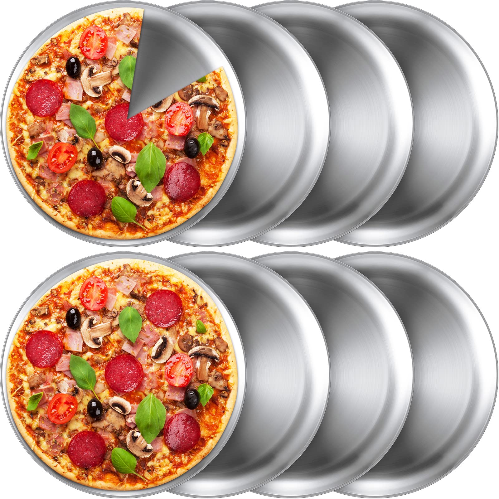 8 Pieces Pizza Pans Bulk Stainless Steel Pizza Pans Sets Round Bakeware Pizza Trays for Oven Kitchen Baking Home Restaurant Safe Sturdy Reusable Easy Clean(12 Inch)