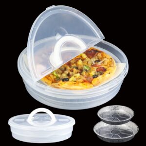 ertiuanio 2 pack 12 in pizza food storage container with lid and handle, 2 compartments pizza slice storage container with foil pie pan, round pie container for cake cheesecake tortilla pastry