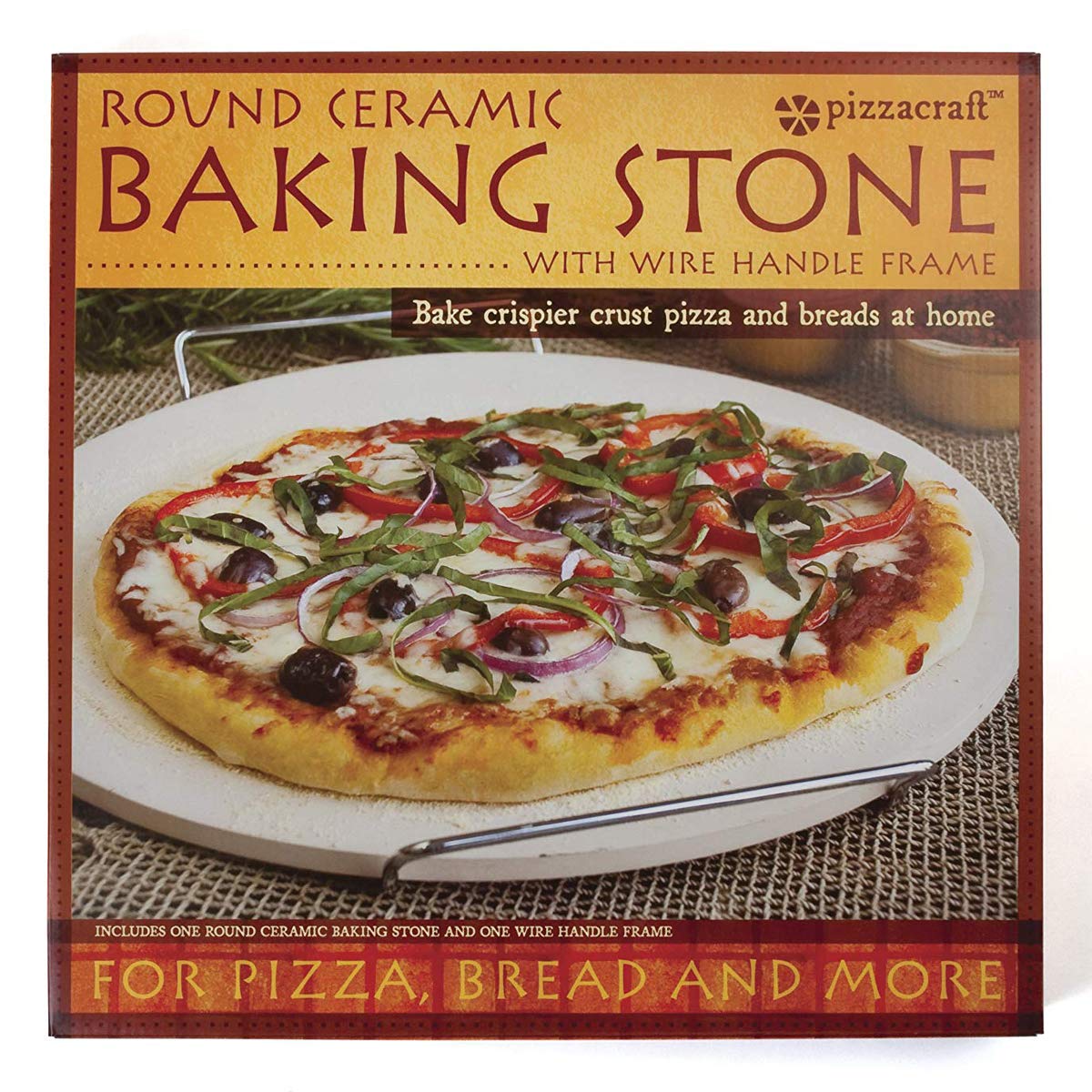 Pizzacraft Round Ceramic Pizza Stone with Wire Frame, 15“Diameter