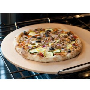 Pizzacraft Round Ceramic Pizza Stone with Wire Frame, 15“Diameter