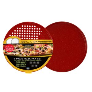 casaware 2pc ultimate pizza pan set, (1) ceramic coated nonstick 12-inch pizza pan, (1) 12-inch ceramic coated nonstick perforated pizza pan (red granite)