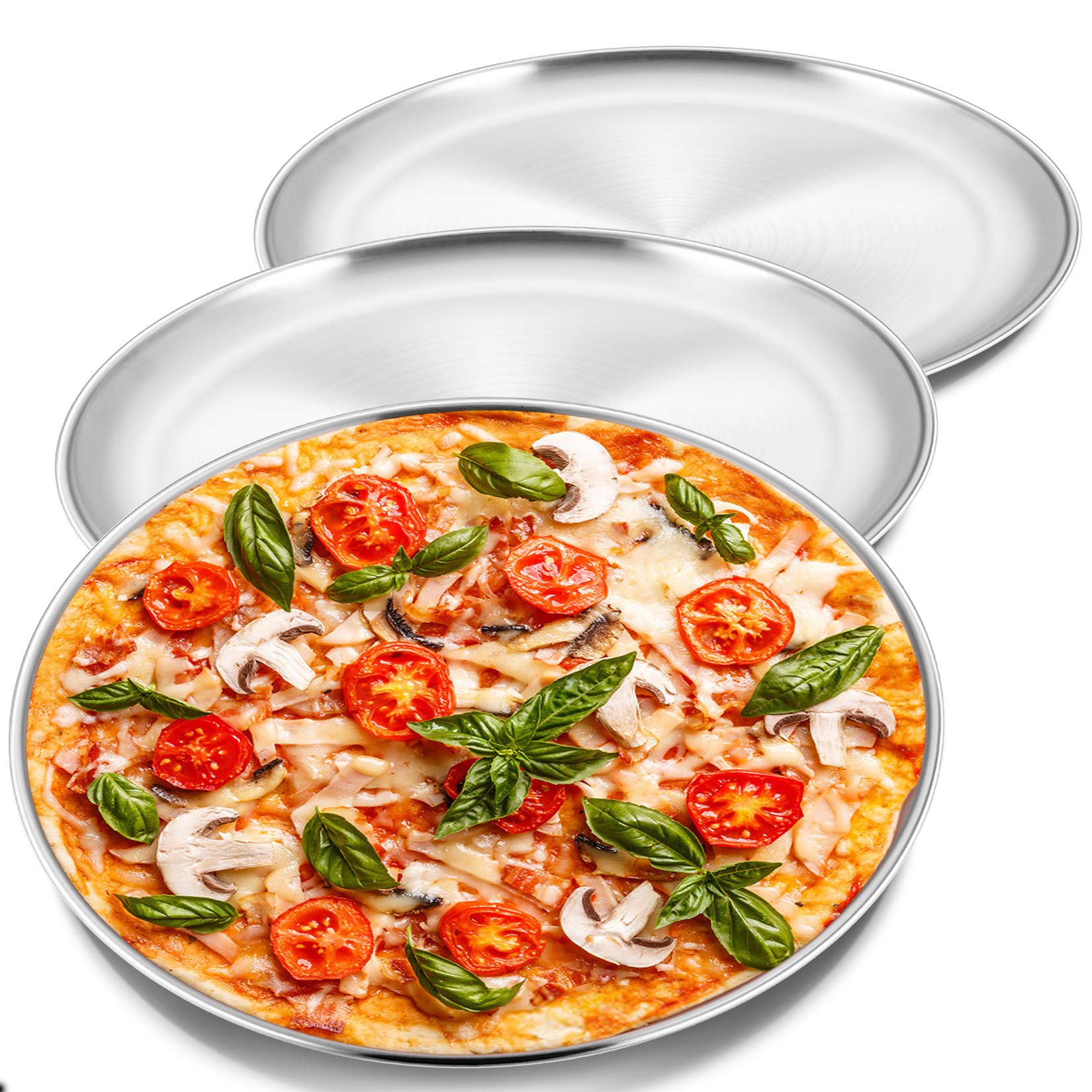 P&P CHEF 12 Inch Pizza Pan Set, 3 Pcs Stainless Steel Round Baking Pizza Pans Pizza Tray for Pizza, Pie, Cake, Cookie, Non-toxic & Healthy, Heavy Duty & Durable, Oven & Dishwasher Safe