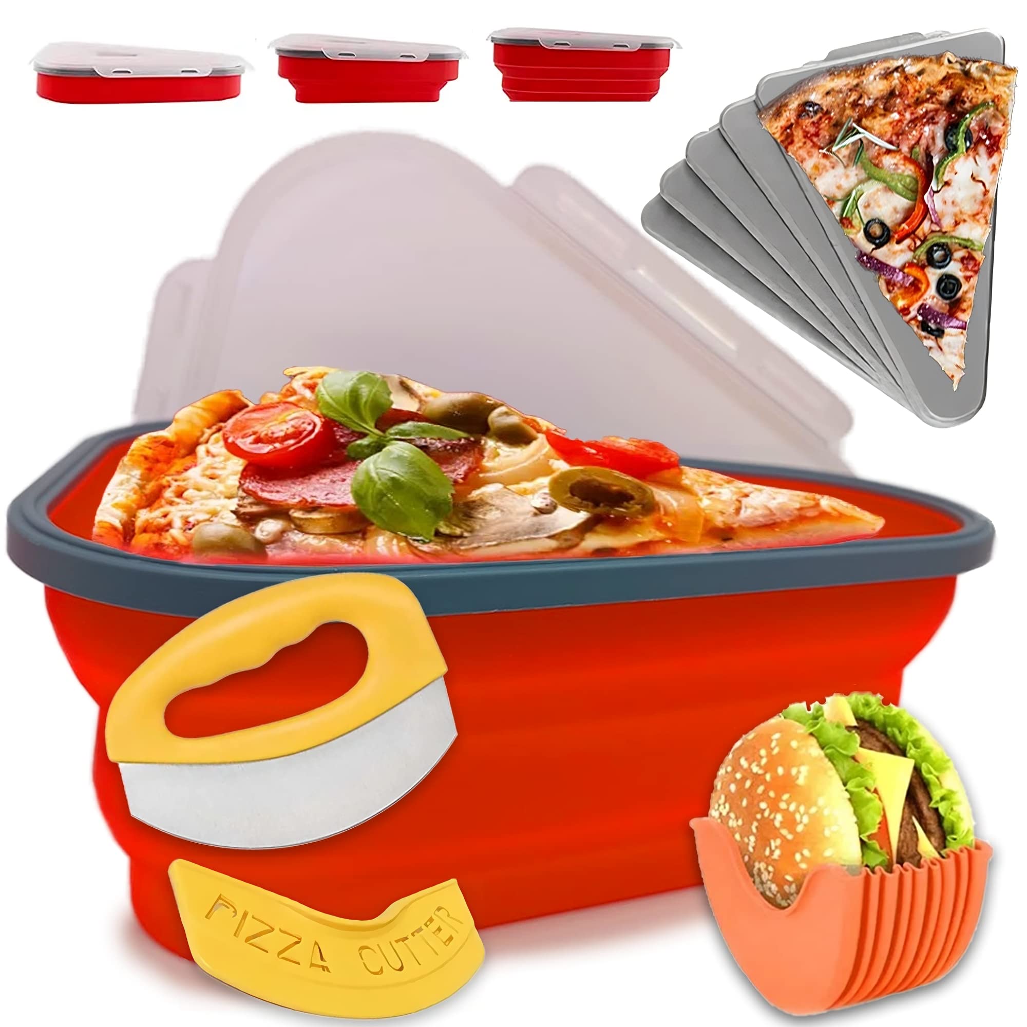 Pizza Storage Container Collapsible | Burguer Holder | With 5 Serving Trays | Improved | Pizza Slice Container | Silicone Collapsible Reusable Microwavable & Dishwasher Safe | Leftover Slice Container