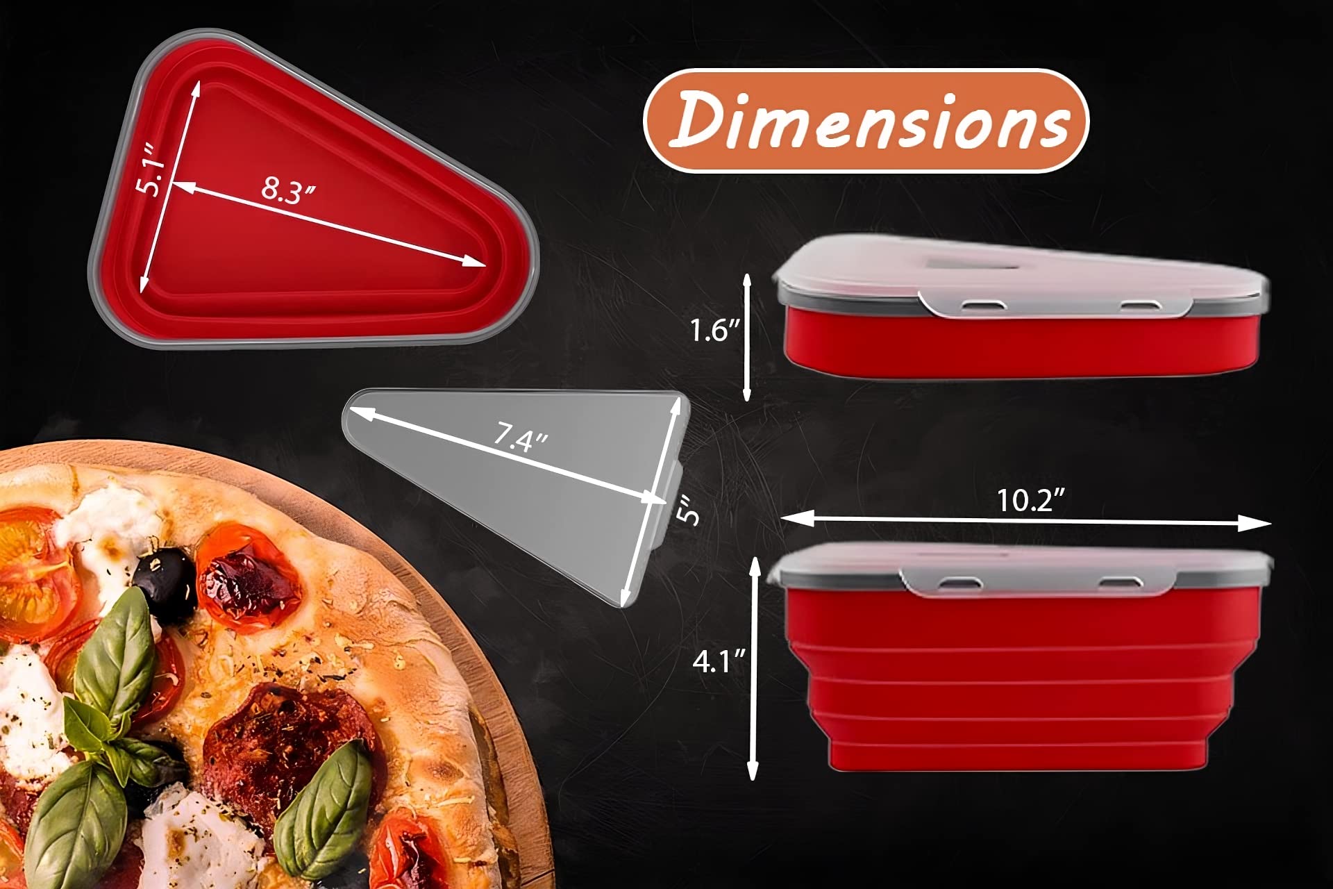 Pizza Storage Container Collapsible | Burguer Holder | With 5 Serving Trays | Improved | Pizza Slice Container | Silicone Collapsible Reusable Microwavable & Dishwasher Safe | Leftover Slice Container