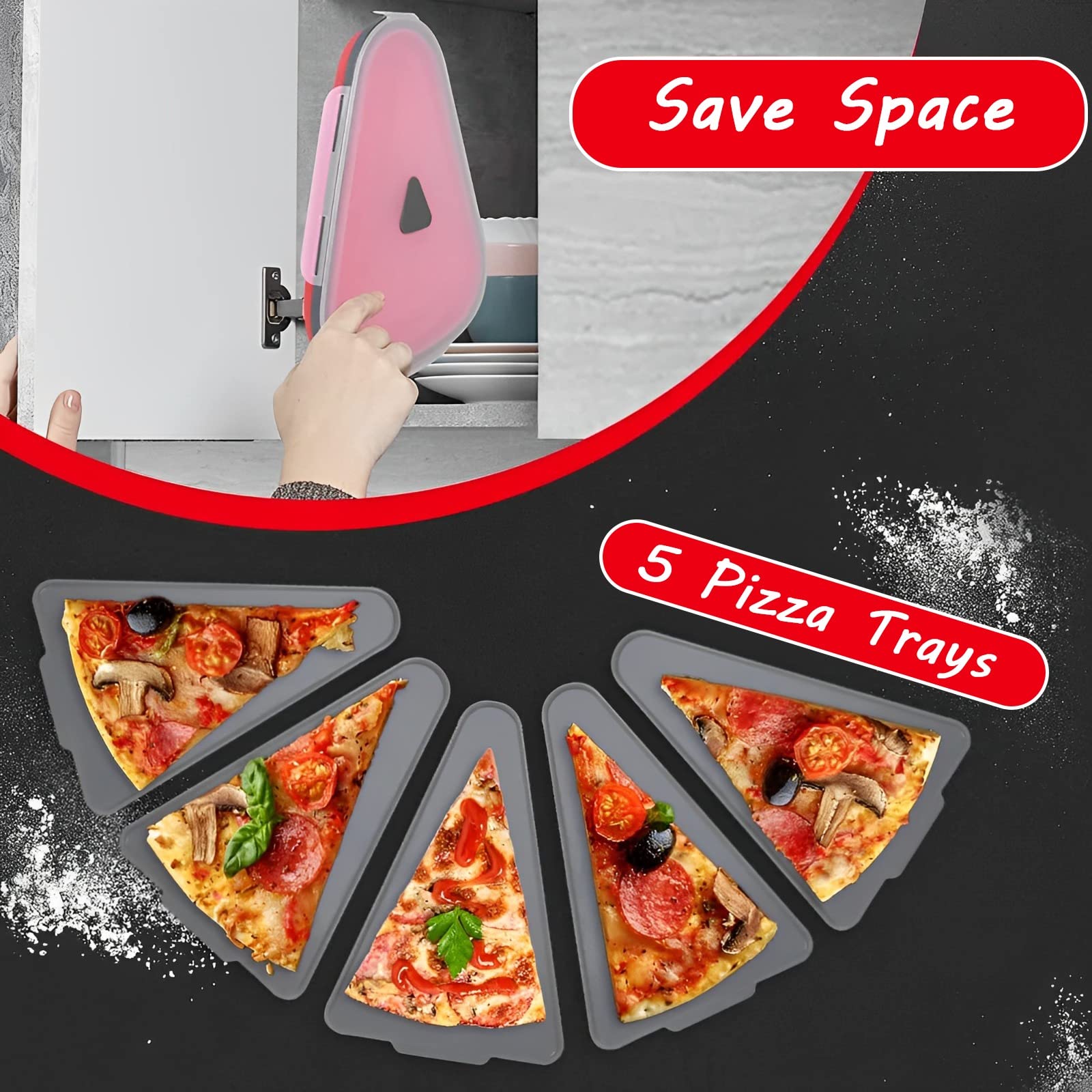 Pizza Storage Container Collapsible | Burguer Holder | With 5 Serving Trays | Improved | Pizza Slice Container | Silicone Collapsible Reusable Microwavable & Dishwasher Safe | Leftover Slice Container