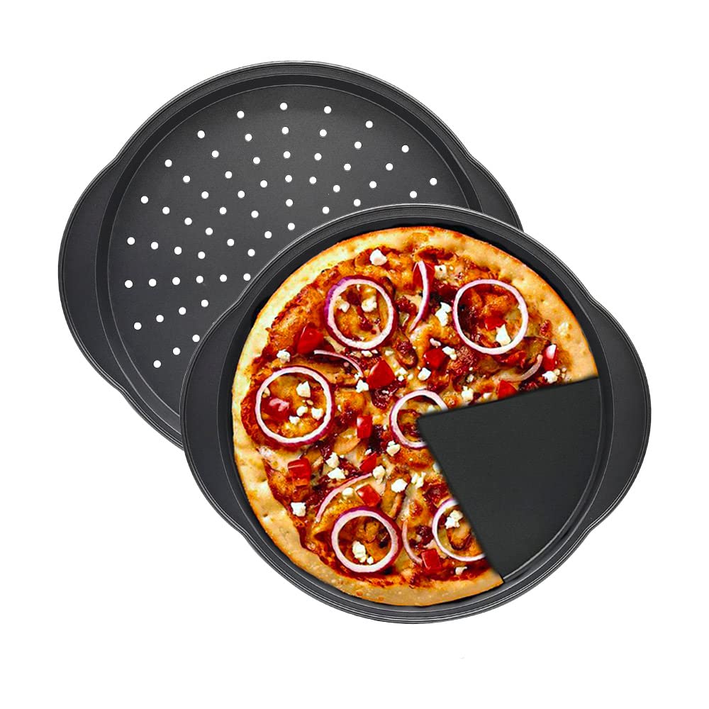 NBFTLTOP Pizza Pan 12 Inch Nonstick Round Carbon Steel Baking Pizza Pan with Holes for Oven Bakeware Pizza Tray with Handle,Set of 2