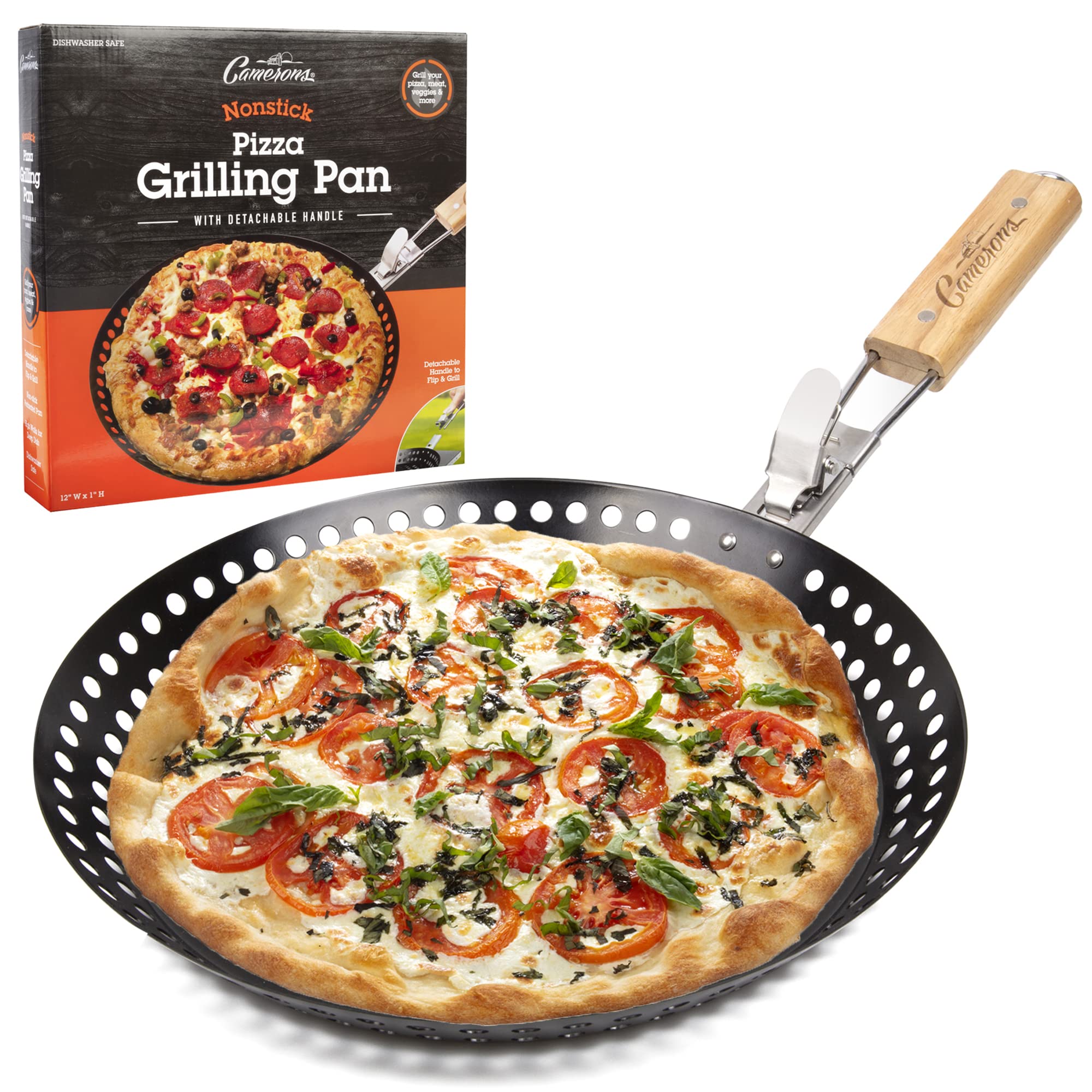 Pizza Grilling Pan (12") - Non-Stick Pan w Removable Handle to Easily Close Grill & Transport Hot Dish - High Walls for Deep Dish Pizza - Use in to BBQ Indoor & Outdoor - Holiday Christmas Gift Idea