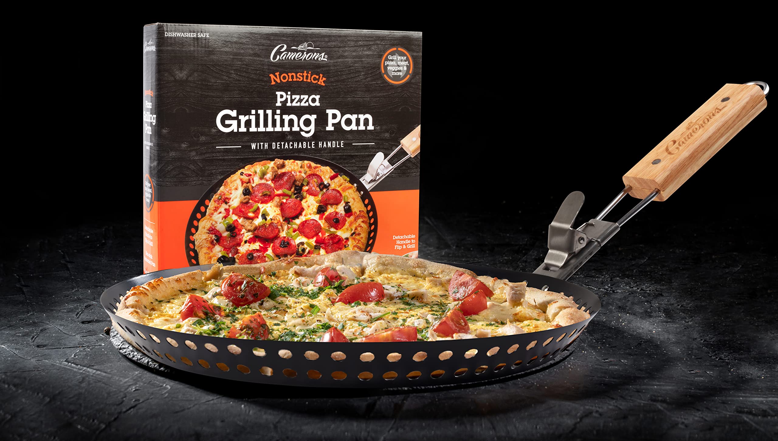 Pizza Grilling Pan (12") - Non-Stick Pan w Removable Handle to Easily Close Grill & Transport Hot Dish - High Walls for Deep Dish Pizza - Use in to BBQ Indoor & Outdoor - Holiday Christmas Gift Idea