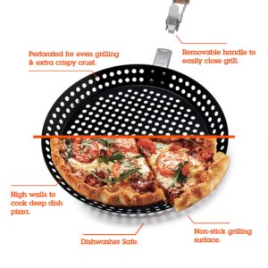 Pizza Grilling Pan (12") - Non-Stick Pan w Removable Handle to Easily Close Grill & Transport Hot Dish - High Walls for Deep Dish Pizza - Use in to BBQ Indoor & Outdoor - Holiday Christmas Gift Idea