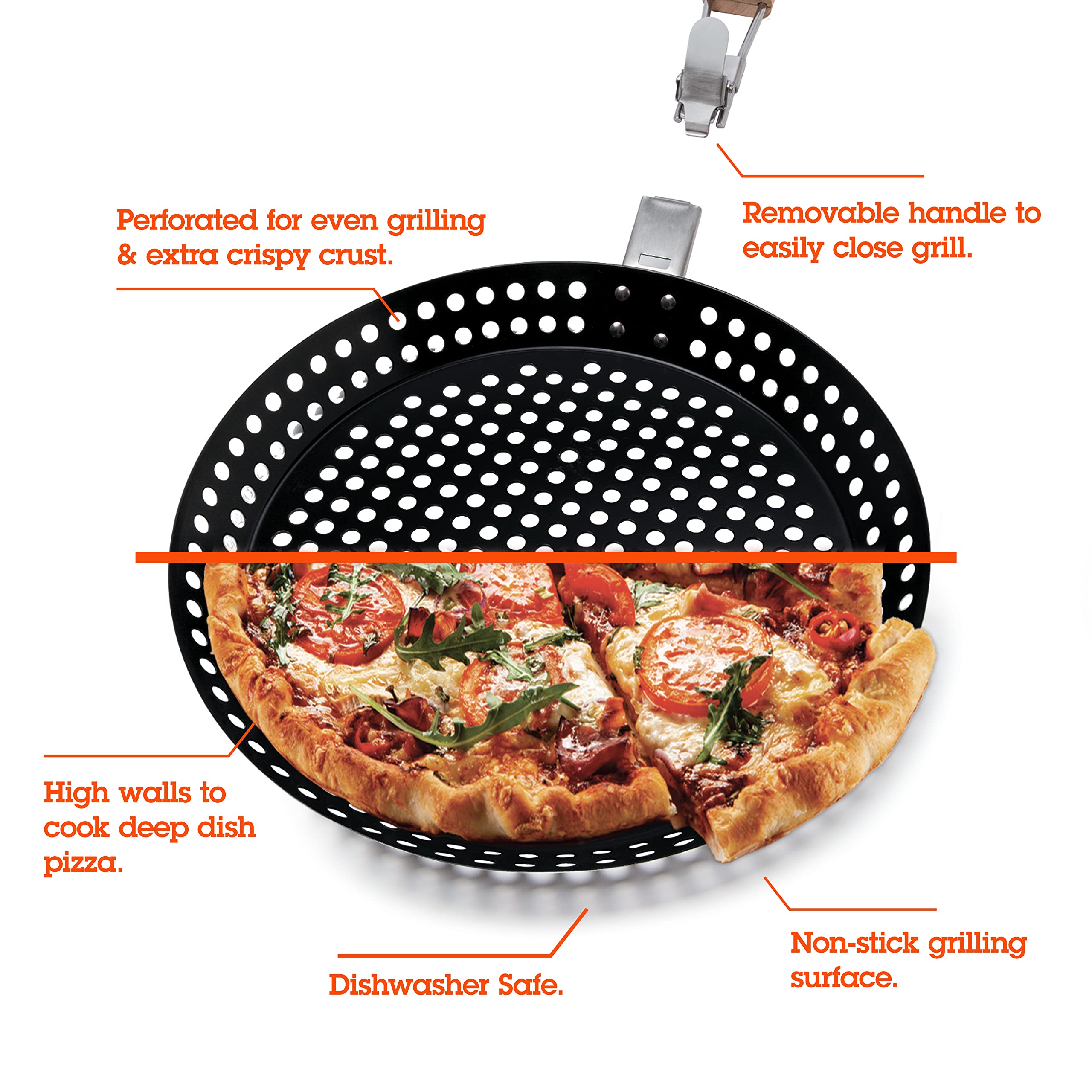 Pizza Grilling Pan (12") - Non-Stick Pan w Removable Handle to Easily Close Grill & Transport Hot Dish - High Walls for Deep Dish Pizza - Use in to BBQ Indoor & Outdoor - Holiday Christmas Gift Idea