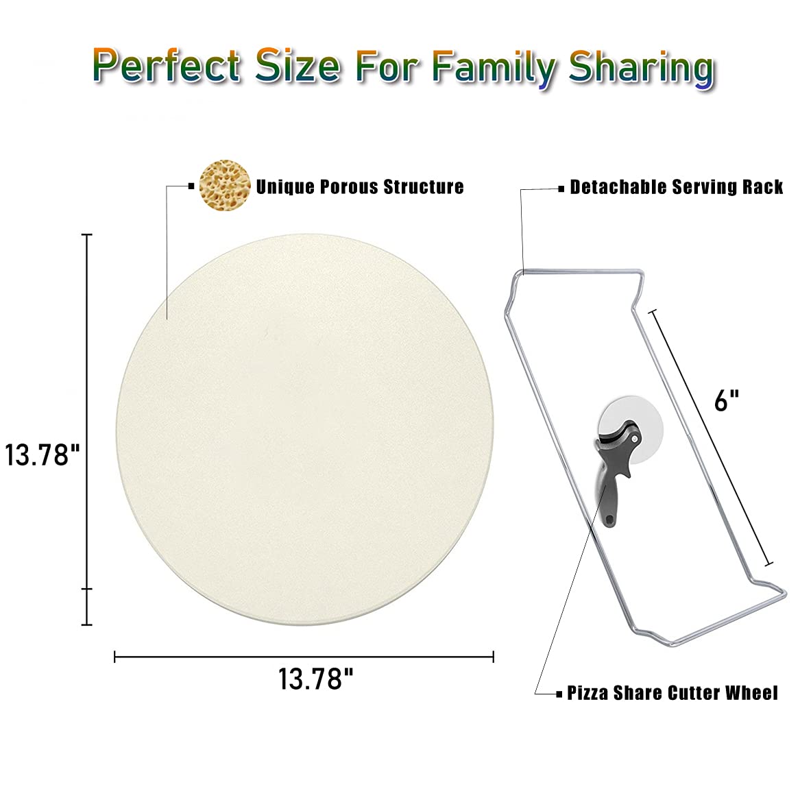 13 Inch Round Pizza Stones for Grill and Oven, Cordierite Baking Stones Set with Serving Rack & Cutter, Durable and Safe Cooking Stone Pan for Bread