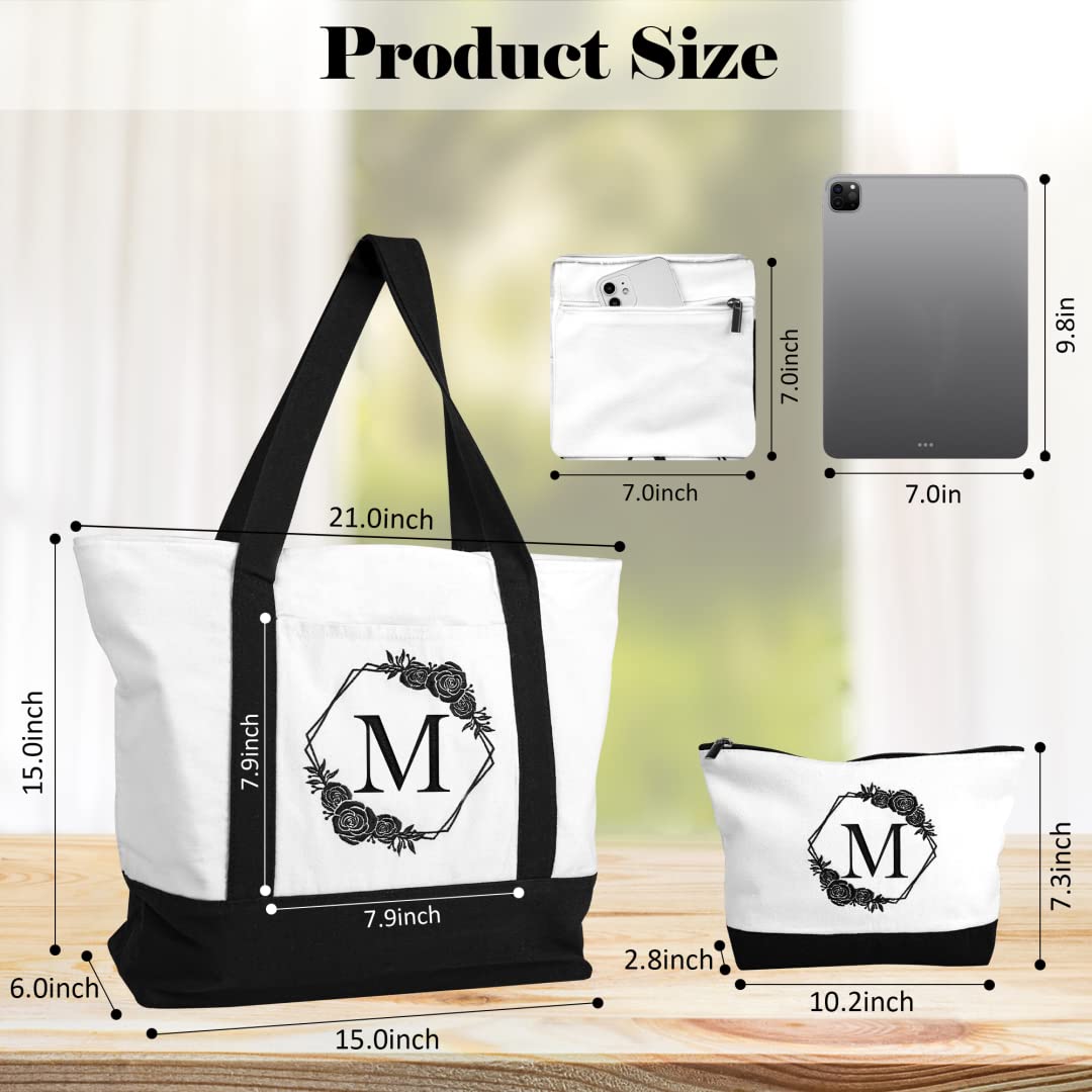 AUNOOL Gifts for Women - Personalized Tote Bags and Makeup Bag, Womens Beach Bag with Zipper Pocket, Wedding Bridesmaid Gifts, Reusable Grocery Bags for Work Holiday Shopping Picnic Travel Letter J