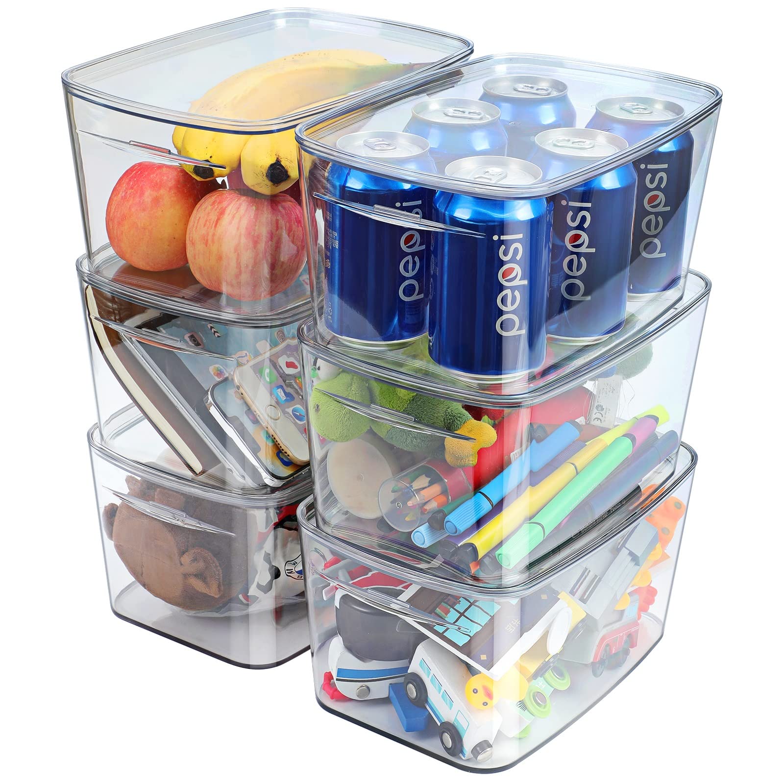 AREYZIN Clear Storage Bins with Lids Kitchen Storage and Organizer 6 Pack Stackable Refrigerator Organizer Bins Lidded Pantry Organization and Storage Containers, 6.8 Quart