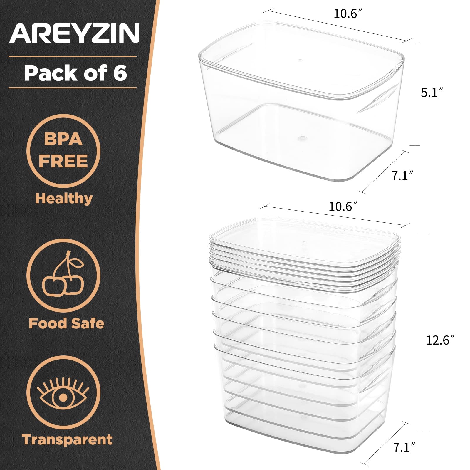 AREYZIN Clear Storage Bins with Lids Kitchen Storage and Organizer 6 Pack Stackable Refrigerator Organizer Bins Lidded Pantry Organization and Storage Containers, 6.8 Quart