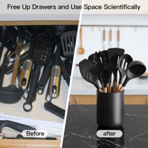 LATCHHOOK Matte Black Utensil Holder for Kitchen Counter, Ceramic Kitchen Utensils Holder for Countertop Easy to Clean, High 6.4” Modern Cooking Spatula Holder Crock for Home decor 4.5×6.4 In