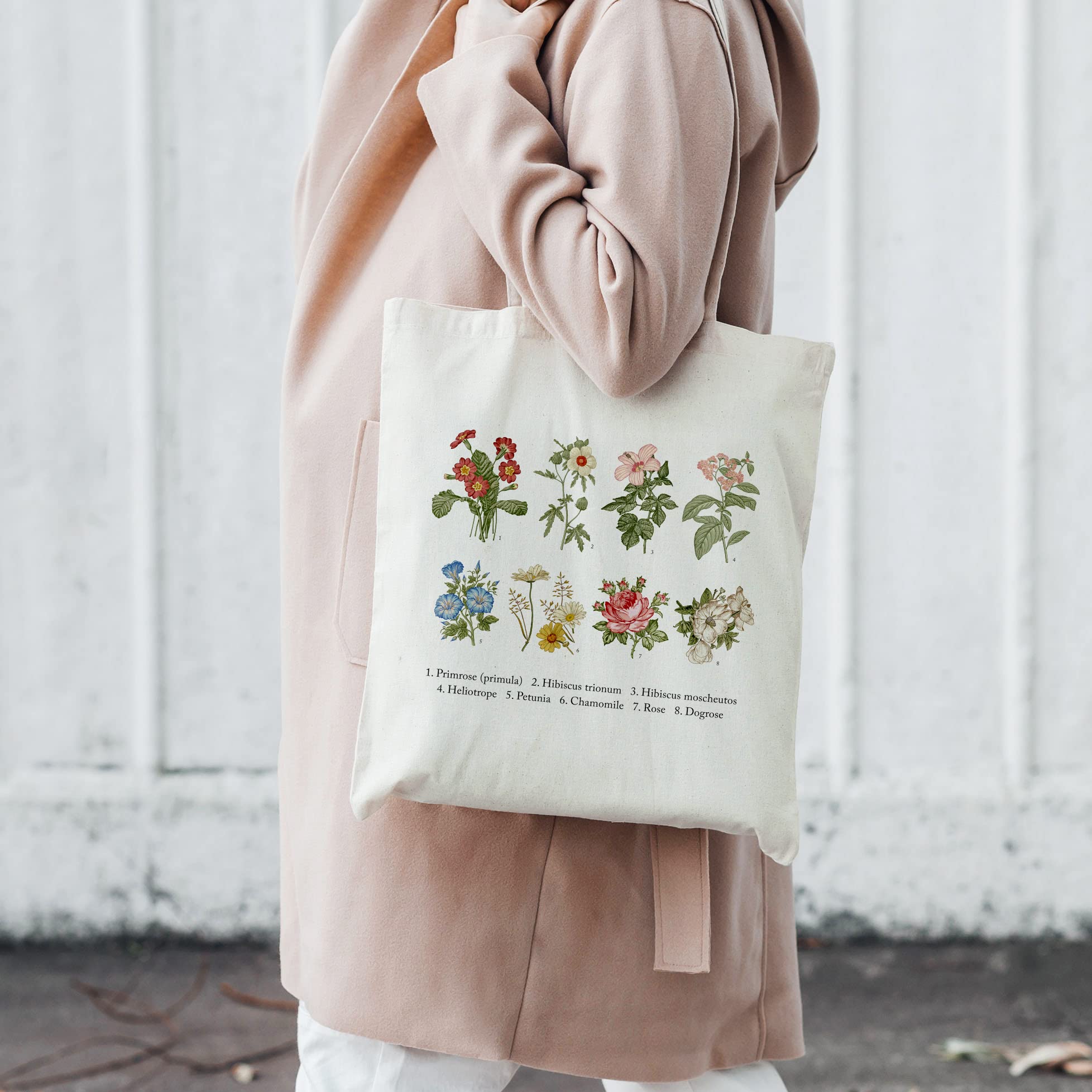 BeeGreen Flowers 12OZ Canvas Tote Bag With Inner Zipper Pocket Cute Aesthetic Mother's Day Cotton Tote Bag Reusable Tote Bag for Women Lightweight Washable Graphic Trendy Tote Bag